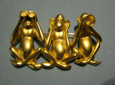 Vintage AJC signed THREE WISE MONKEYS large Brooch/Pin- See, hear ...