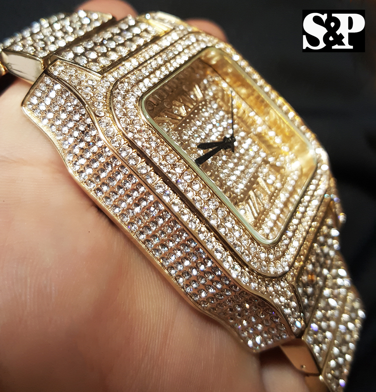 Mens Rick Ross Gold PT Full Iced Bling Hip Hop Lab Simulated Diamonds ...