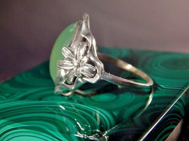 6.54 Ct. Oval Cabochon Vesuvianite Idocrase Ring Floral Style Sterling ...