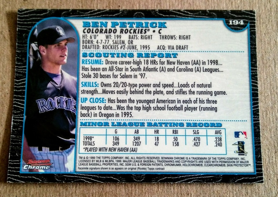 1999 BOWMAN CHROME OREGON INTERNATIONAL #194 BEN PETRICK ROCKIES ...
