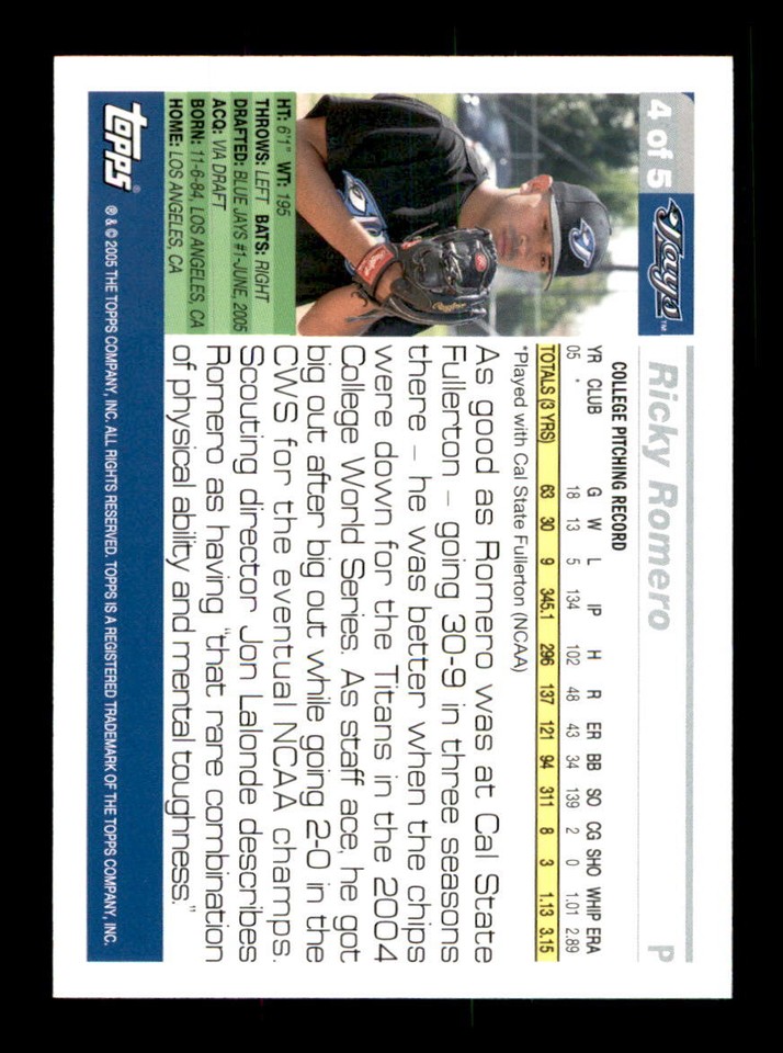 2005 Baseball Topps Ricky Romero Toronto Blue Jays #4 FY DP | eBay