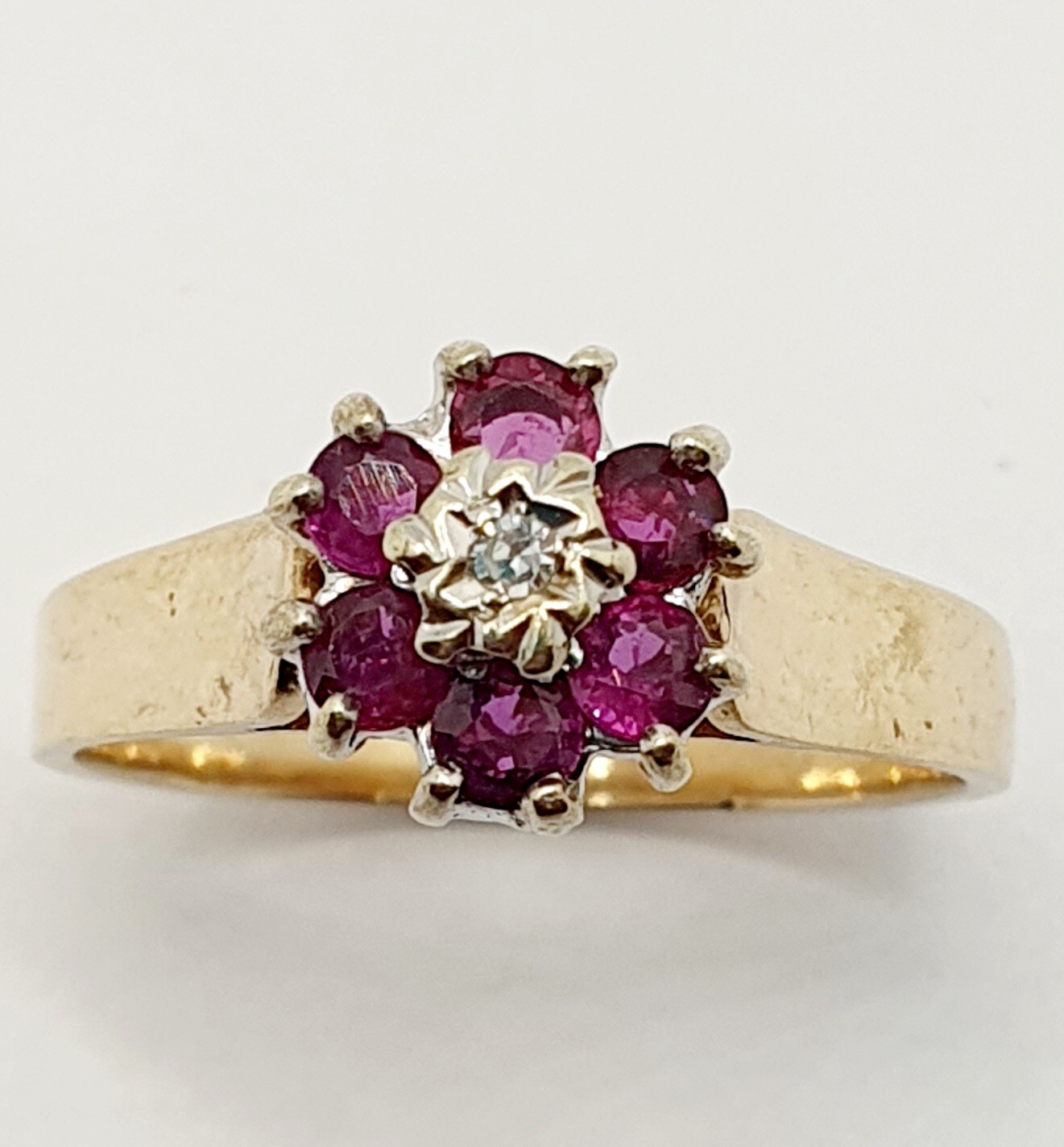 9ct Yellow Gold Ruby and Diamond Flower Round Cluster Hallmarked Ring ...