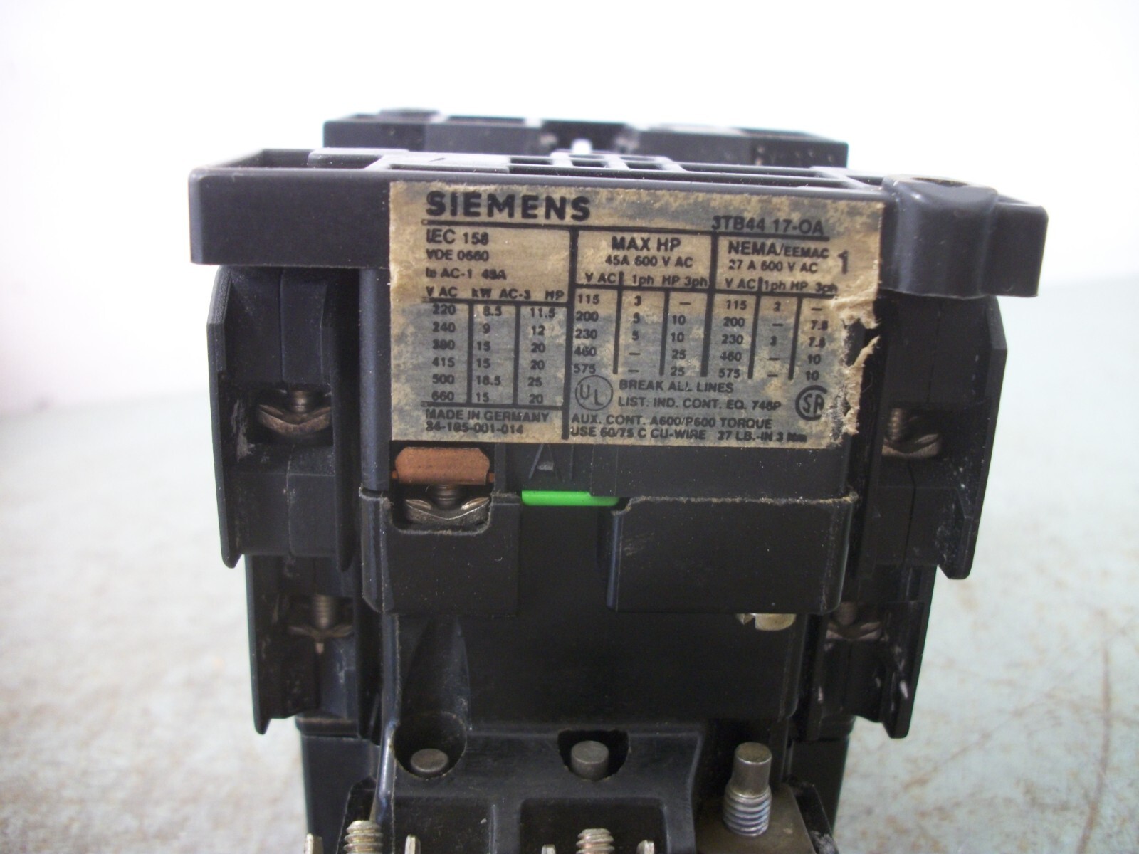 SIEMENS CONTACTOR 3TB44-17-0A 45AMP 120VCOIL 3PH 600V 25HP | eBay
