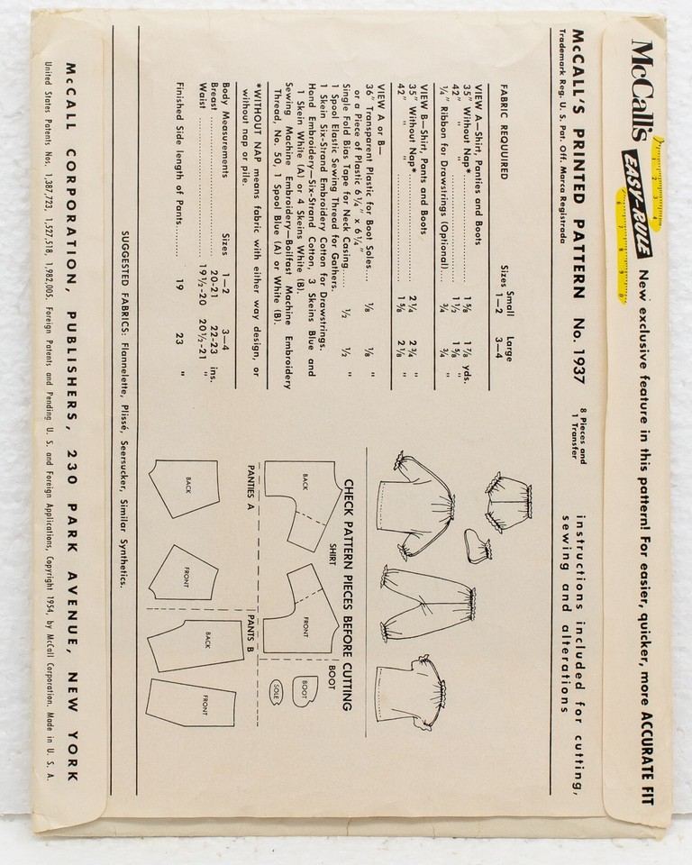 1954 McCall’s #1937 | Toddler’s Play Suit | Factory Folded & Complete ...
