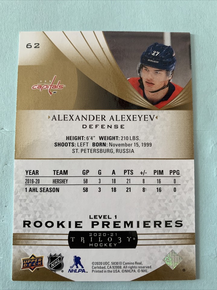 Alexander Alexeyev Level 1 Rookie Premieres card 62 #d 428/999 2020-21 ...