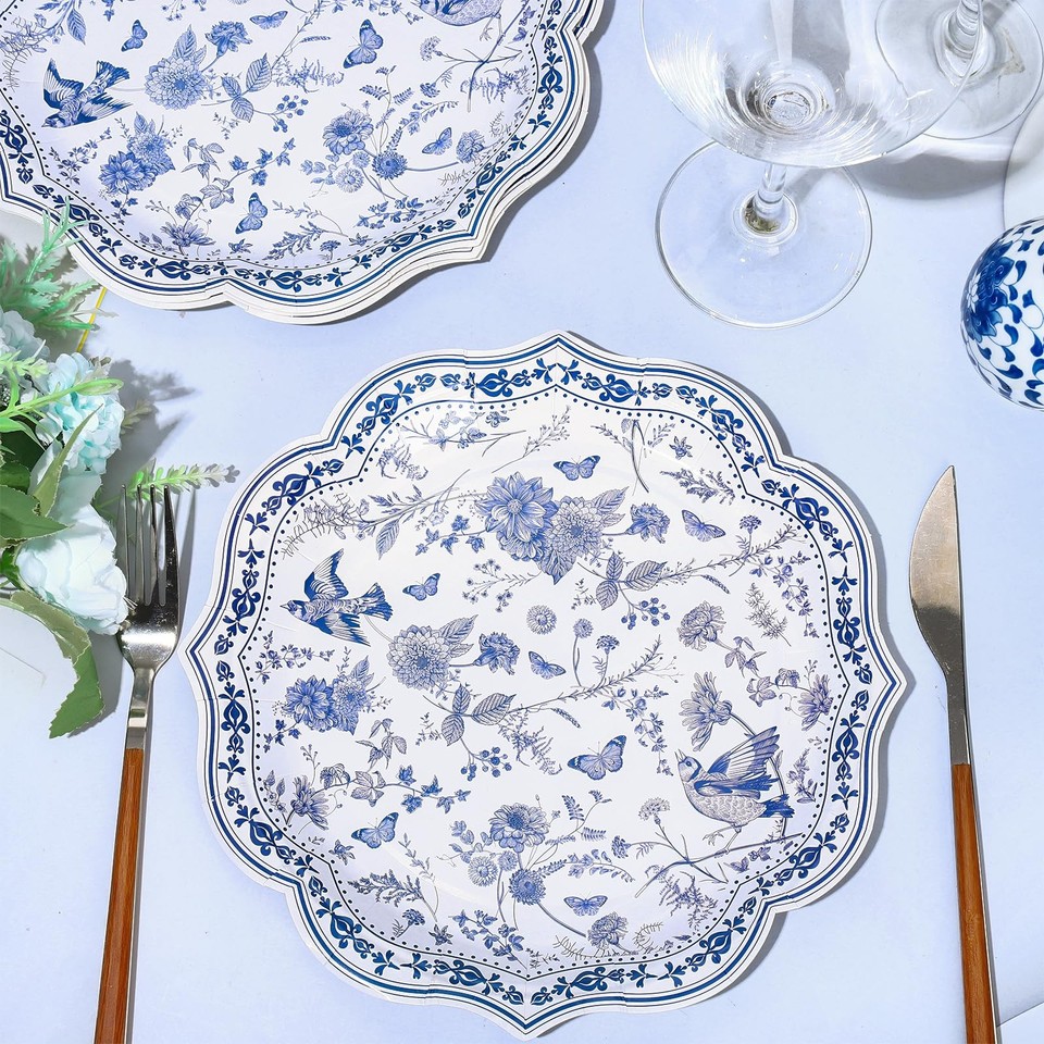 40Pcs Blue White Floral Paper Plates Chinoiserie Flowers Birds ...
