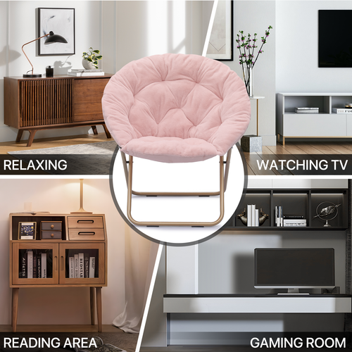 Pink 33" Foldable Soft Faux Fur Saucer Chair Lazy Cozy Moon Chair w ...