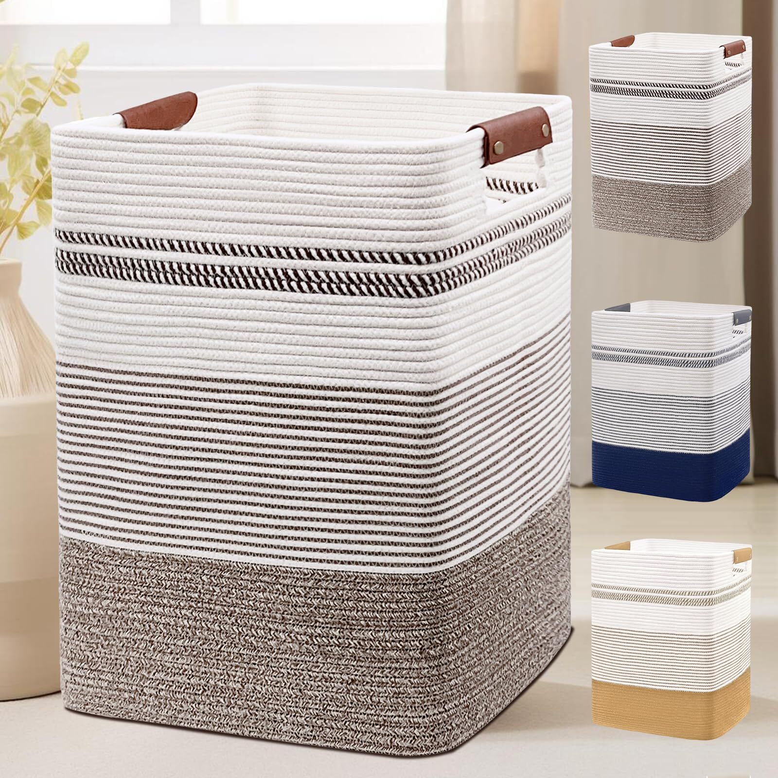 Laundry Hamper - 85L Large Cotton Rope Laundry Basket with Leather ...