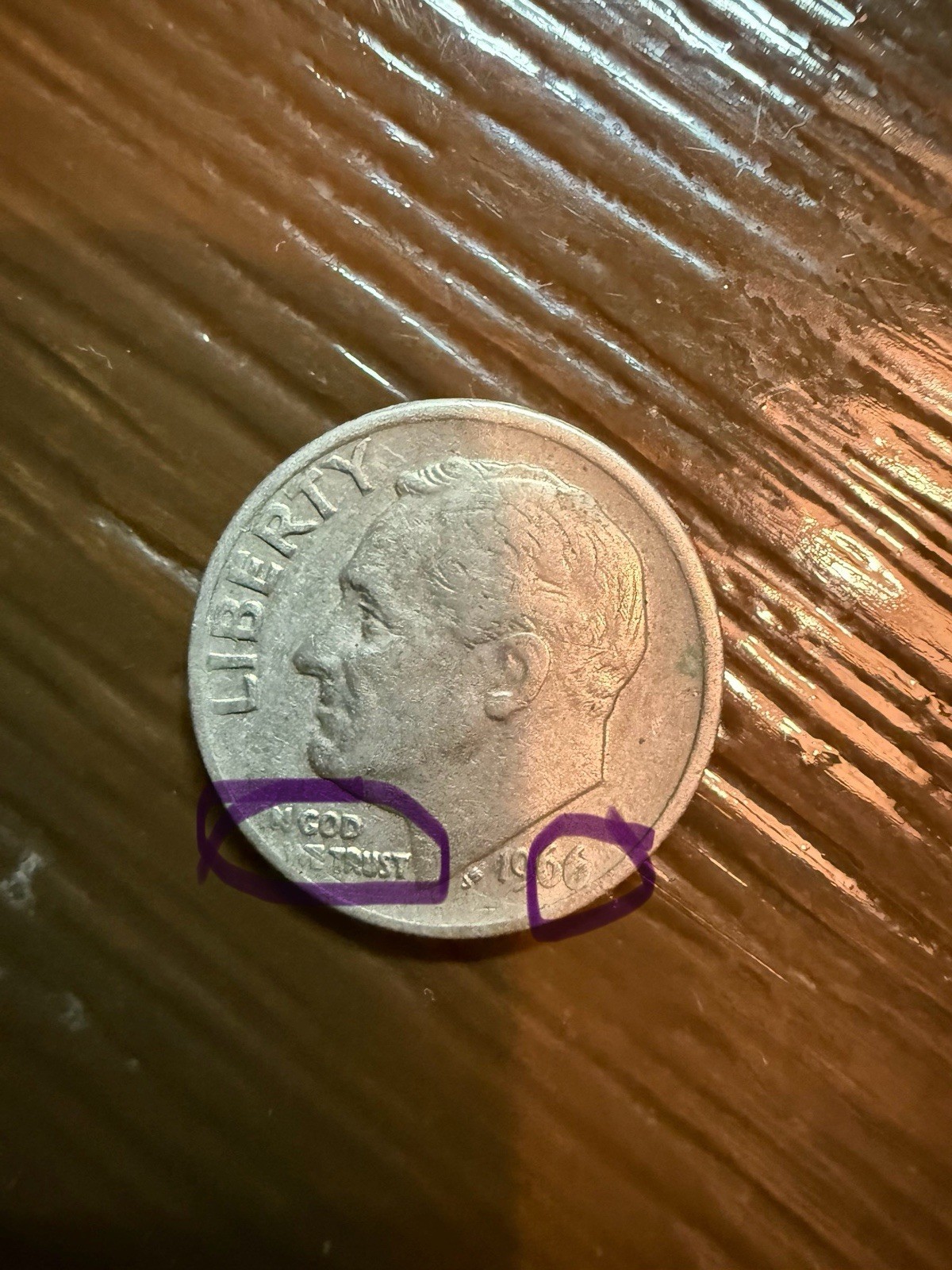 1966 Error Dime, PSD “Post Strike Damage”, No Mint Mark, forehead ...