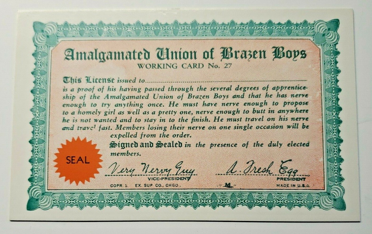 1941 Gag Gift Card "Union of Brazen Boys" Exhibit Supply Co Chicago ...