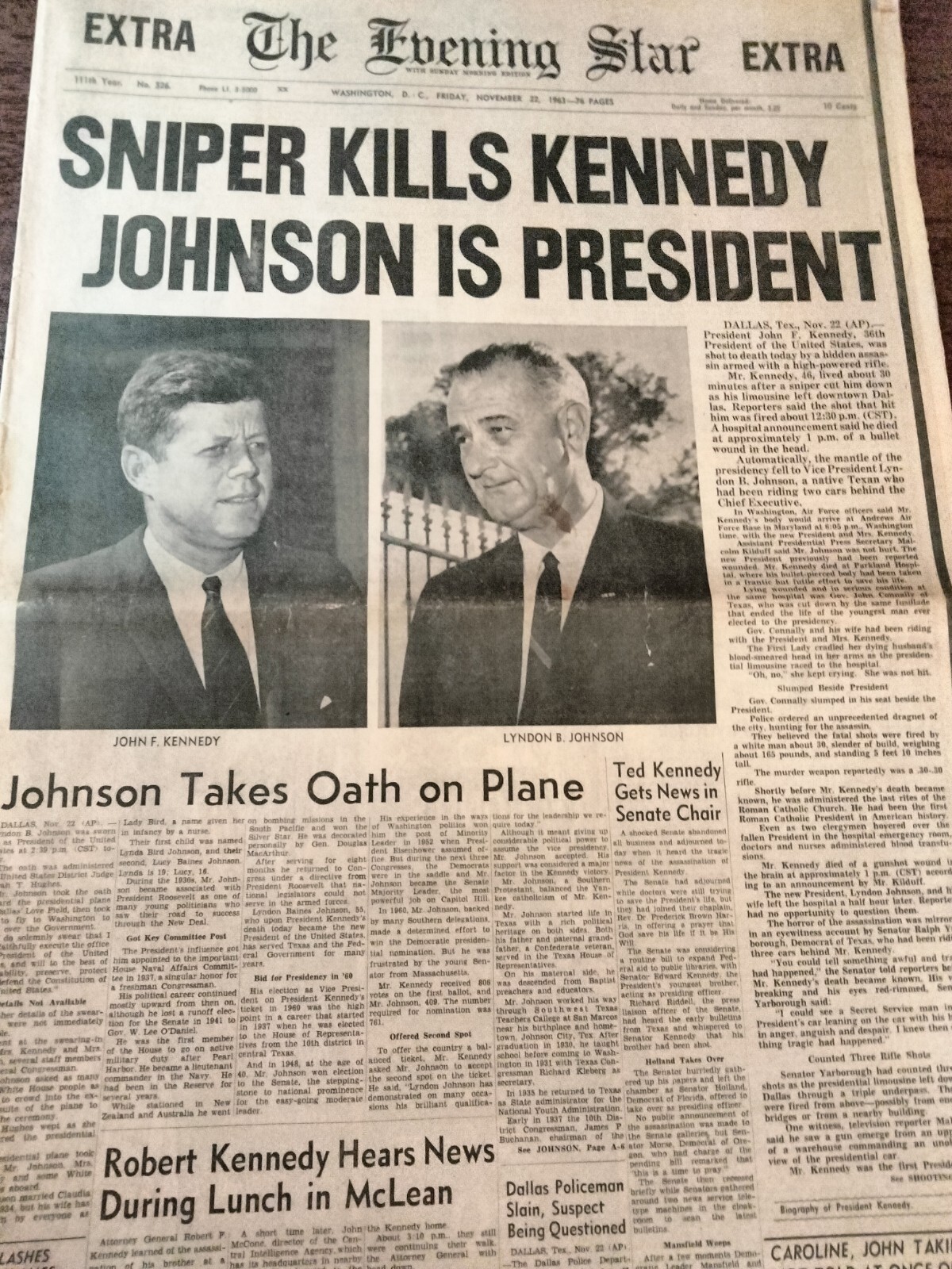 Newspapers- EXTRA! SNIPER KILLS KENNEDY JOHNSON PRESIDENT, 1st NEWS D.C ...