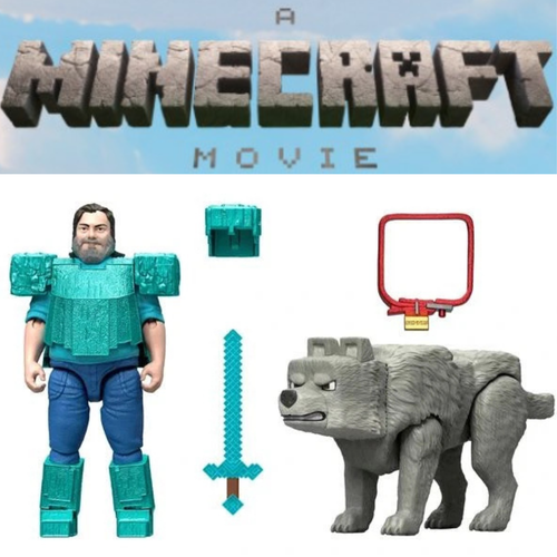 Minecraft Movie Steve in Diamond Armour and Dennis the Wolf Action ...