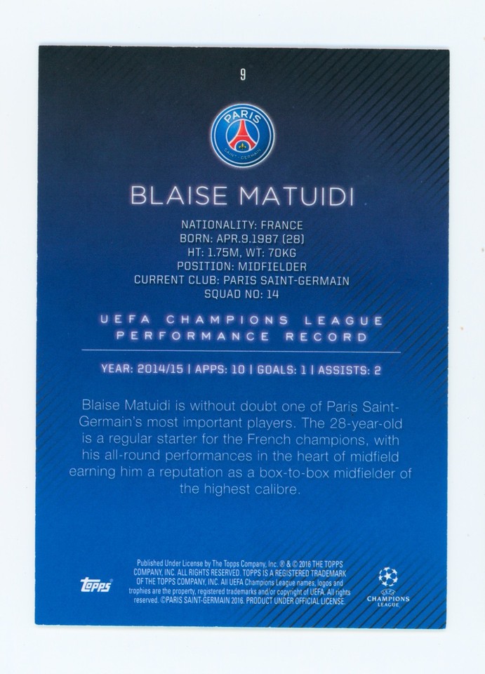 2015-16 Blaise Matuidi Topps Showcase UEFA Gold Foil PSG Soccer Card 41 ...