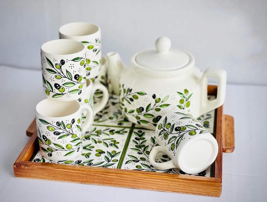 Palestinian Ceramic - Set of Tray Cups Coffee Tea Pot Hebron Olive ...