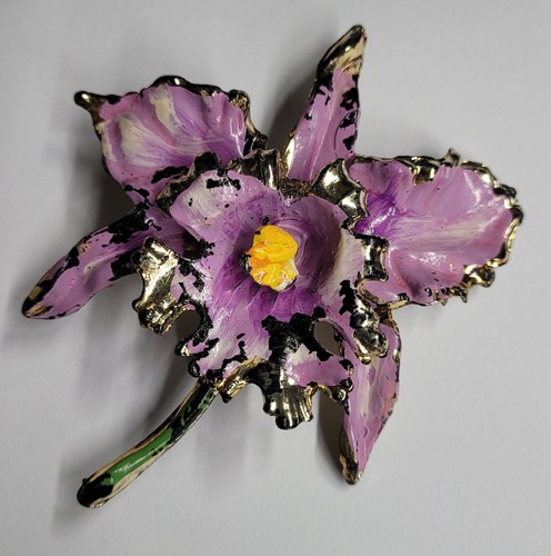 Vintage Orchid Flower Brooch Pin Purple Gold Enamel | eBay