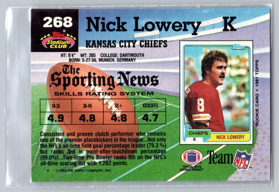 1992 TOPPS STADIUM CLUB CARD # 268 Nick Lowery - Kansas City Chiefs | eBay