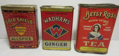 3 SPICE TINS ~ GOLD SHIELD ALLSPICE ~ WADHAMS GINGER ~ BETSY ROSS TEA ...