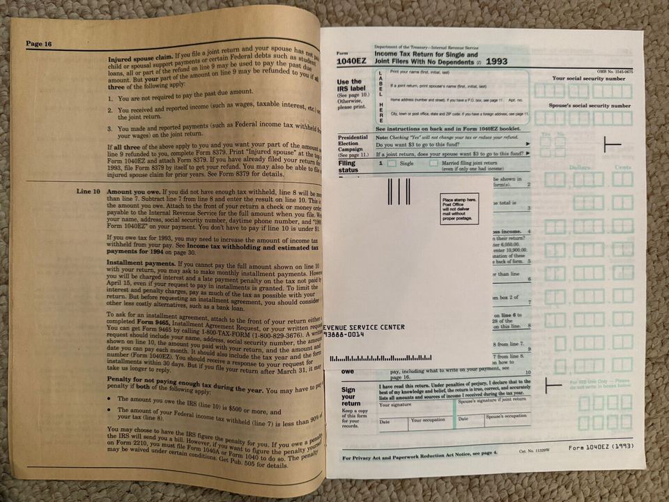 Vintage 1993 1040EZ Tax Forms and Instructions | eBay UK