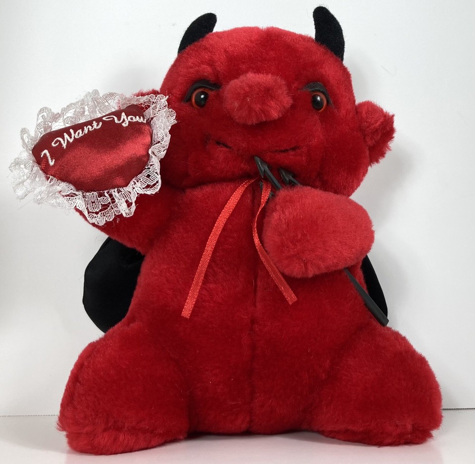 Red Devil Valentine's Plush “I WANT YOU” Heart Black Horns Pitchfork ...