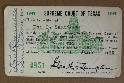 1949 Supreme Court of Texas Attorney Registration Card Texana ...