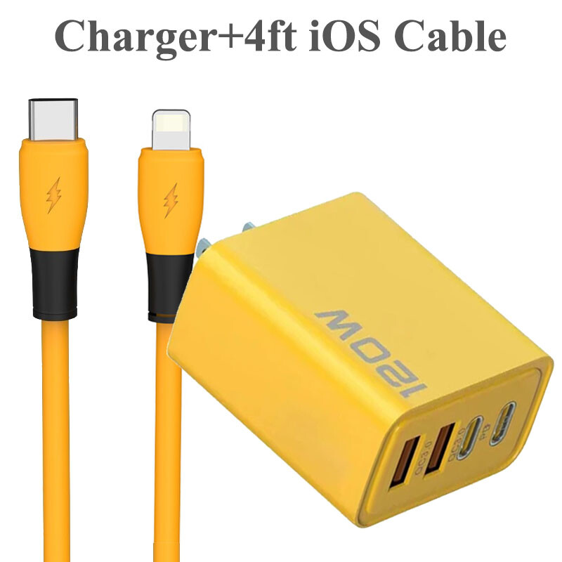 120W 4-Port USB C Fast Wall Charger Block ,PD 4FT Cable For All Cell ...