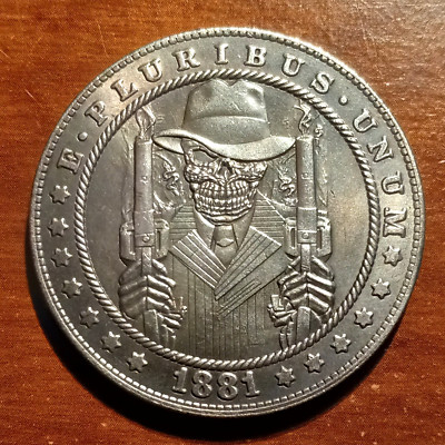 Creepy Cool SKULL GANGSTER Smoking Guns Occult Skeleton Coin Dollar ...