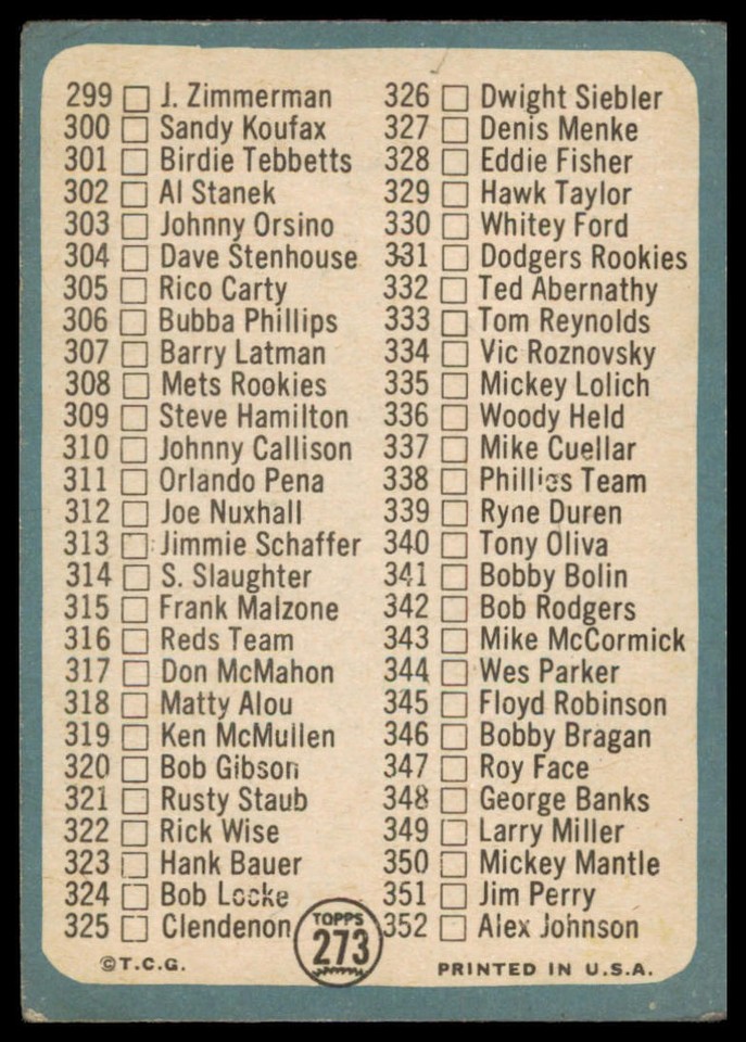 1965 Topps 4th Series Checklist: 265-352 #273 Set Break Vg | eBay
