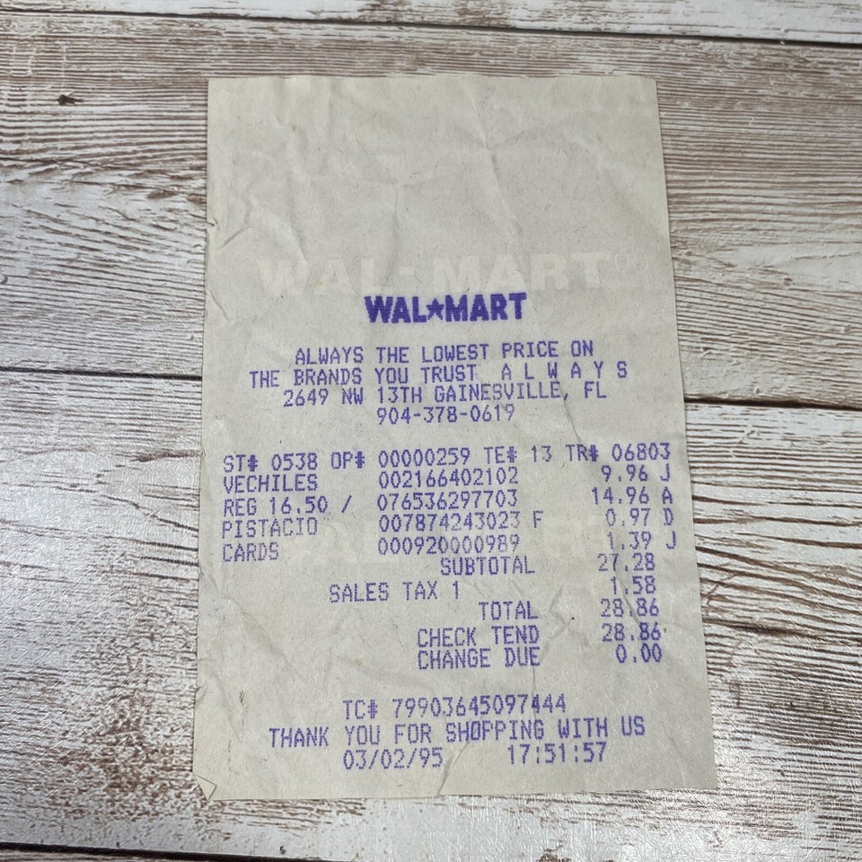 Vintage 1995 Walmart Receipt For Prop Paper Receipt 90s Gainesville, FL ...