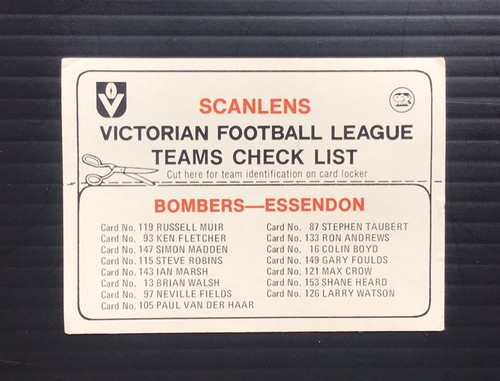 SCANLENS VFL AFL 1978 FOOTY CARD ESSENDON BOMBERS UNMARKED CHECK LIST ...