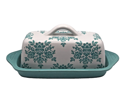 Tabletop Butter Dish Core Kitchen Aqua & White Floral Farmhouse | eBay