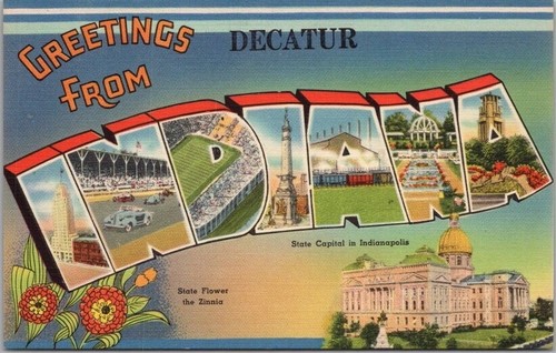 Decatur, INDIANA Large Letter Postcard State Capitol & Flower / Tichnor ...