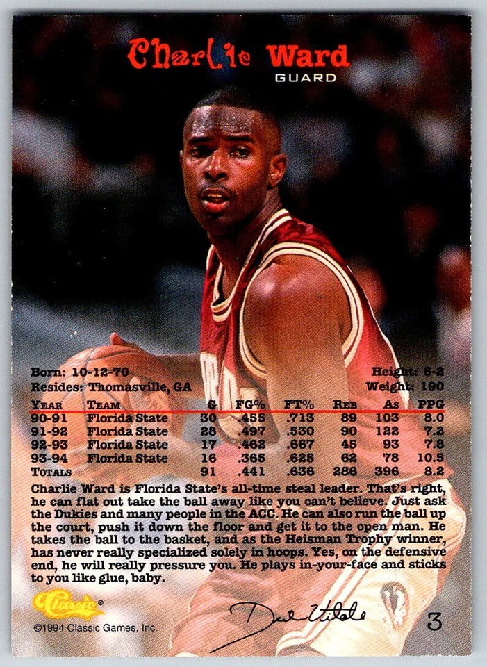 1994-95 Classic Draft CHARLIE WARD #3 Florida State Seminoles | eBay