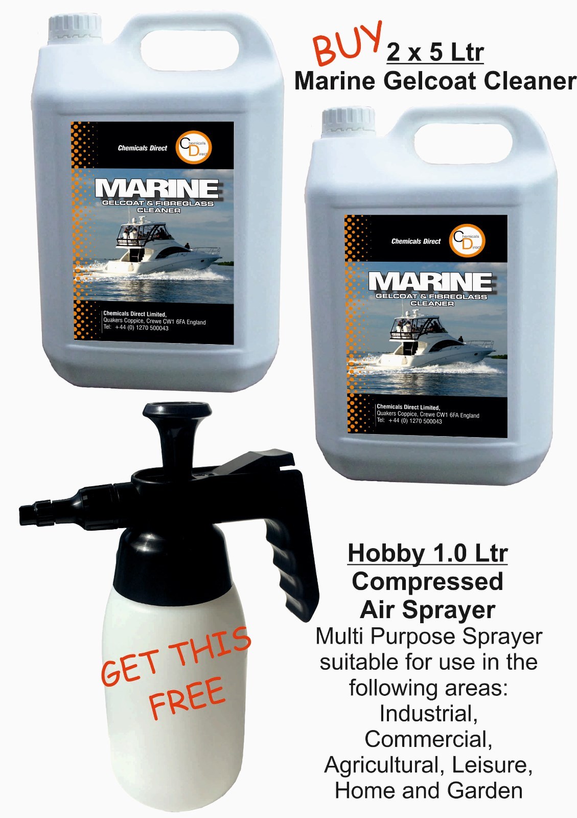 Marine Boat hull and deck Gelcoat Cleaner 2 x 5 ltrs & pump sprayer ...