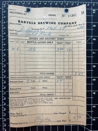 1940s Bartels Brewing Invoice Syracuse NY Ephemera Brewery Beer | eBay