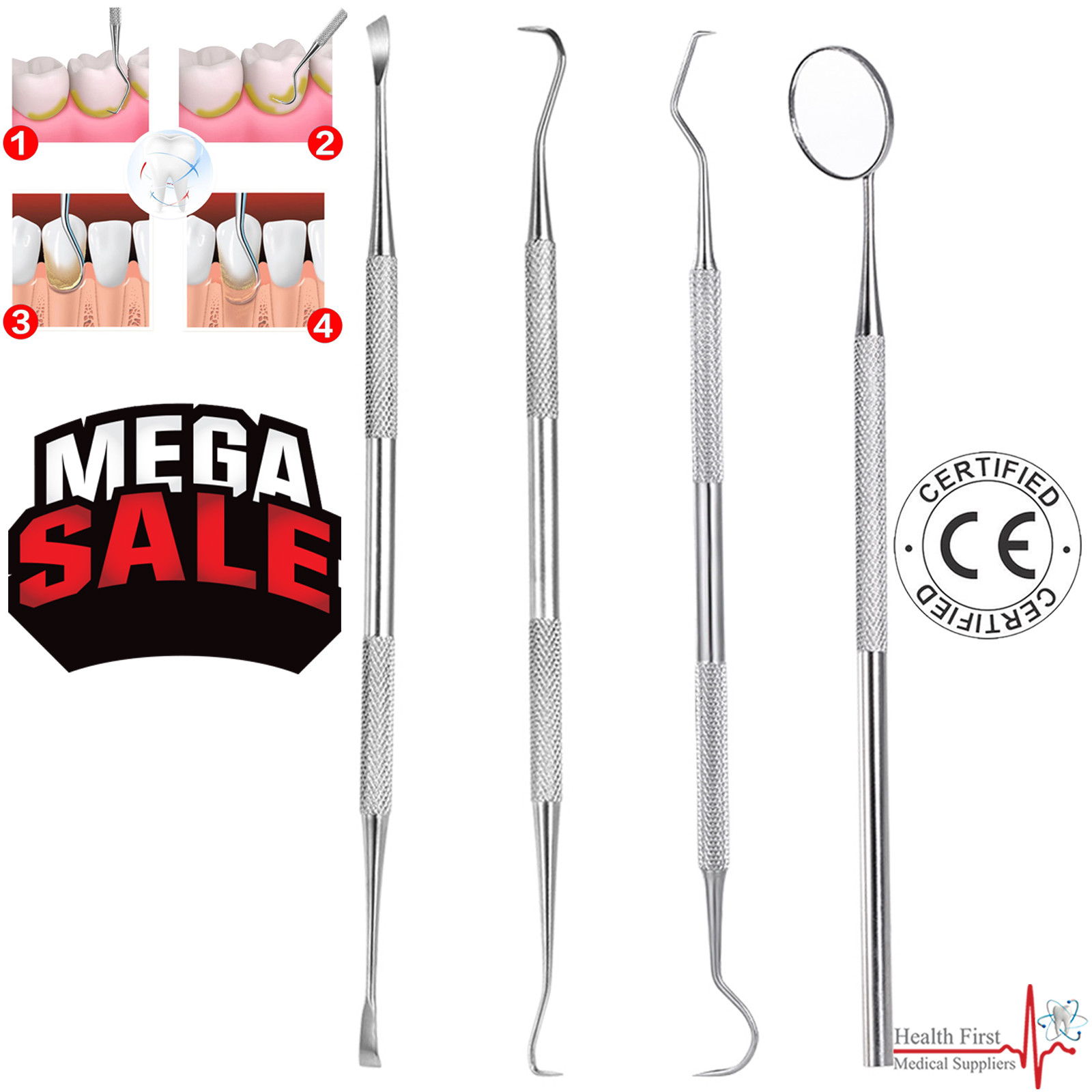 Professional DENTAL 4 PIECE-SCALERS Probe-Pick SET + Mouth Mirror STEEL ...