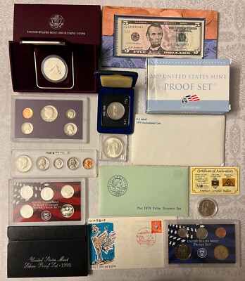 BIG GRAB BOX WITH 65 COINS / ITEMS, SILVER SETS, GOLD, MINT SETS, PROOF ...