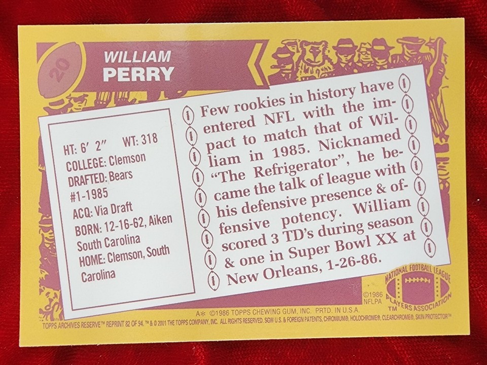 2001 Topps Archives Reserve #20 William The Fridge Perry Chrome ...