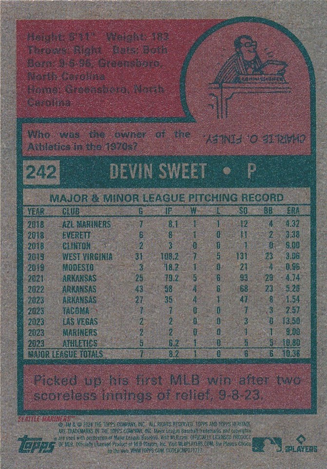 #242 DEVIN SWEET 2024 Topps Heritage Baseball RC SEATTLE MARINERS | eBay