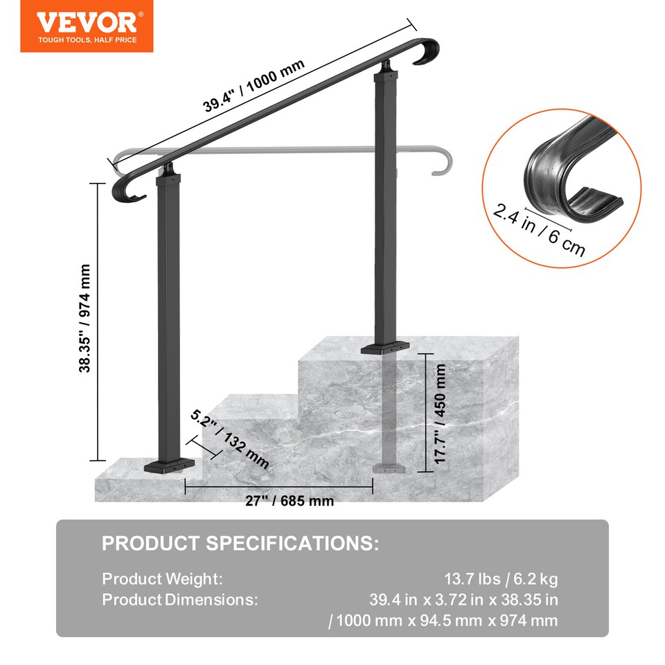 VEVOR Wrought Iron Handrail Outdoor Handrail Fit 1 to 3 Steps Stairs ...