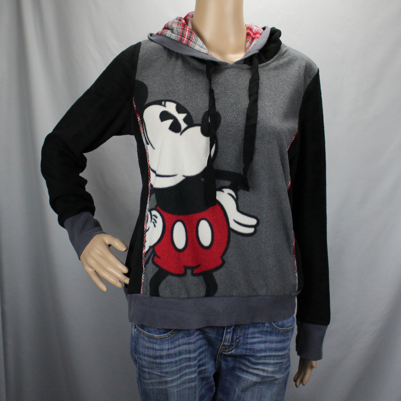 Mickey Mouse Grey Hooded Pullover Medium Black Sleeves Disney Luxe ...