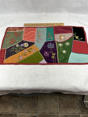 antique crazy quilt piece table runner 12.5x23 hand made red green gold ...