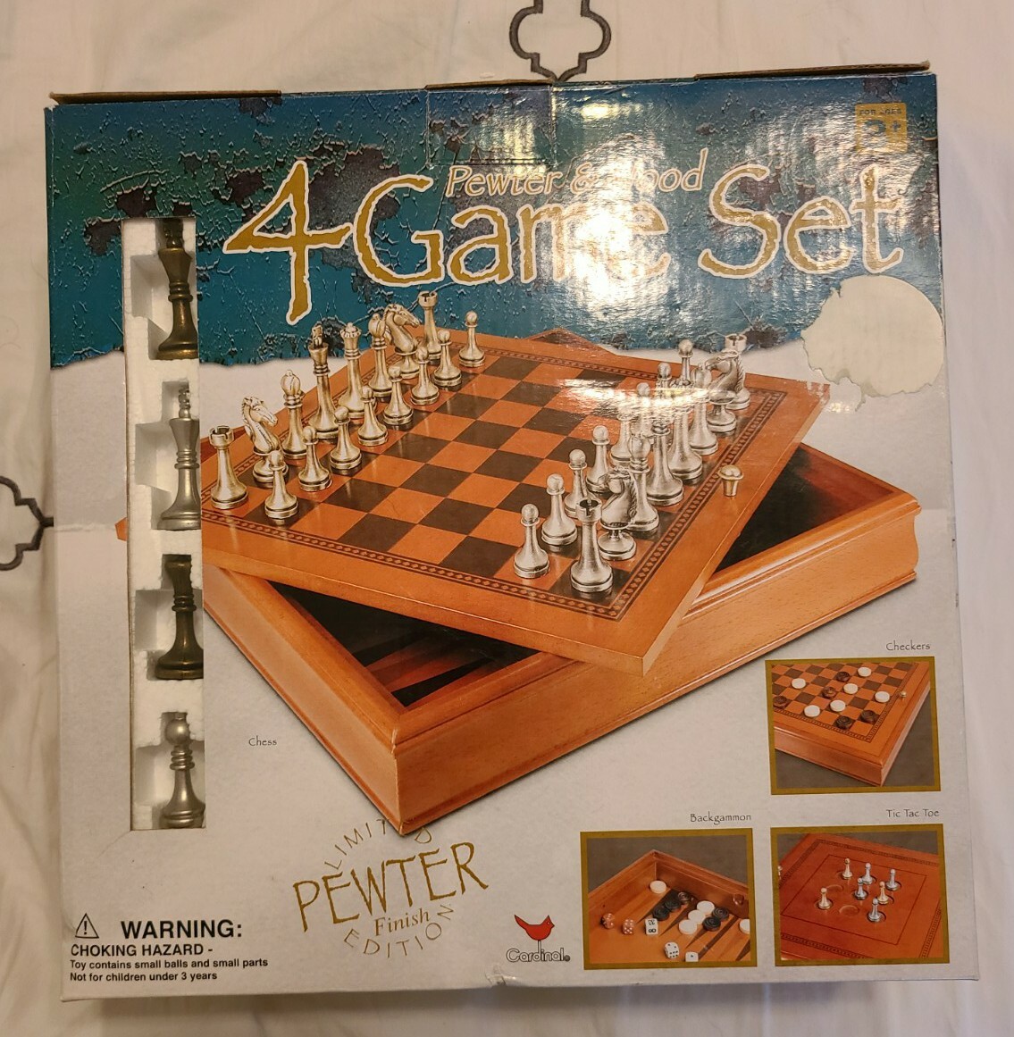 Cardinal 2002 Pewter & Wood 4 Game Set Checkers Backgammon Tic Tac Toe ...