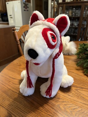 2001 Target Bullseye Dog Plush white red Holiday Stuffed Animal w Hat ...
