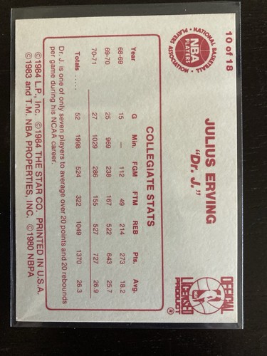 1984-85 Star # 10 Julius Erving Set Collegiate Stats | eBay