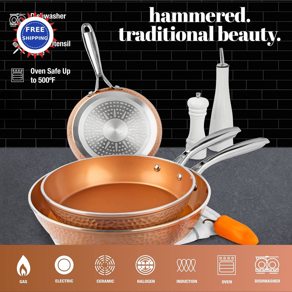 Gotham Steel Hammered Frying Pan Set 3 Piece Nonstick Copper Fry Pans 8 ...
