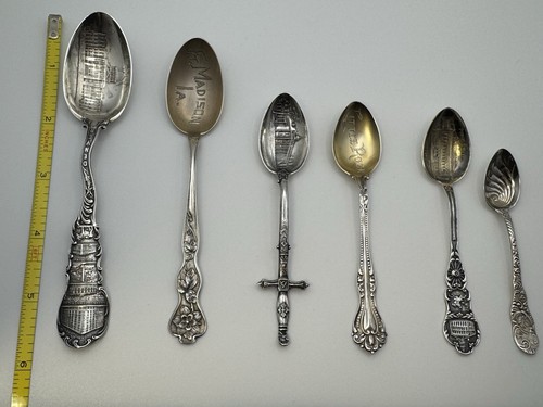 6 Antique STERLING SOUVENIR SPOONS 1895-1915 Unique Mt. Vernon Masonic ...