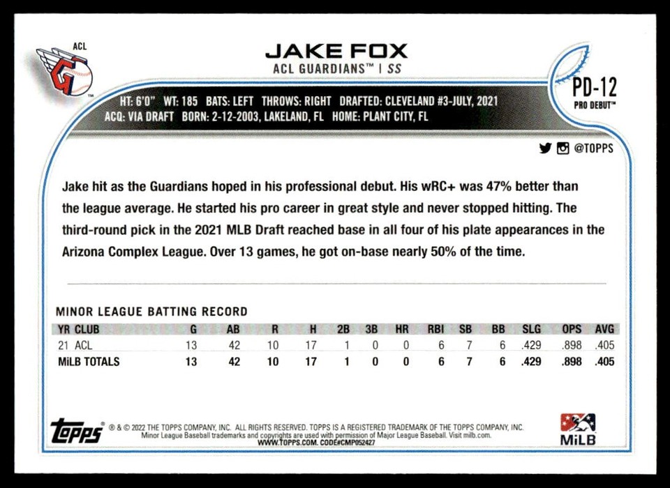 2022 Topps Pro Debut #PD-12 Jake Fox ACL Guardians Baseball | eBay