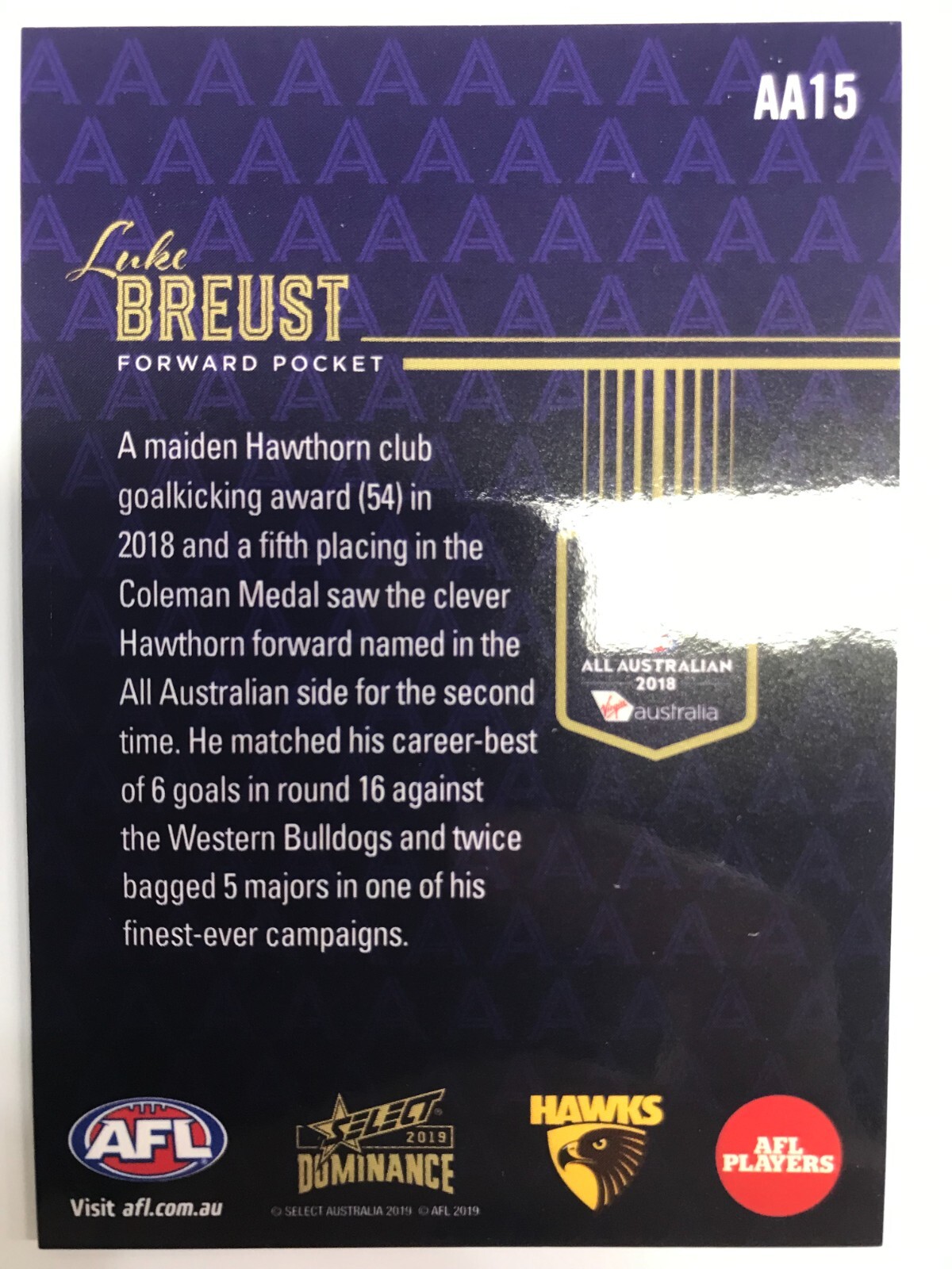 2019 SELECT AFL DOMINANCE ALL AUSTRALIAN TEAM CARD AA15 LUKE BREUST ...