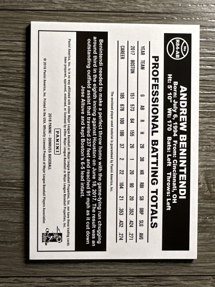 2018 Donruss Andrew Benintendi ⚾️ Retro ‘84 Relic Jersey #R84-AB ~ Red ...