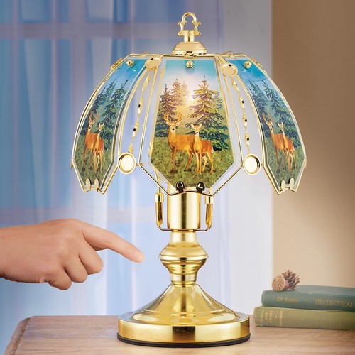 Beautiful Woodland Deer Scene Glass 3-Way Touch Table Lamp Gold Base ...